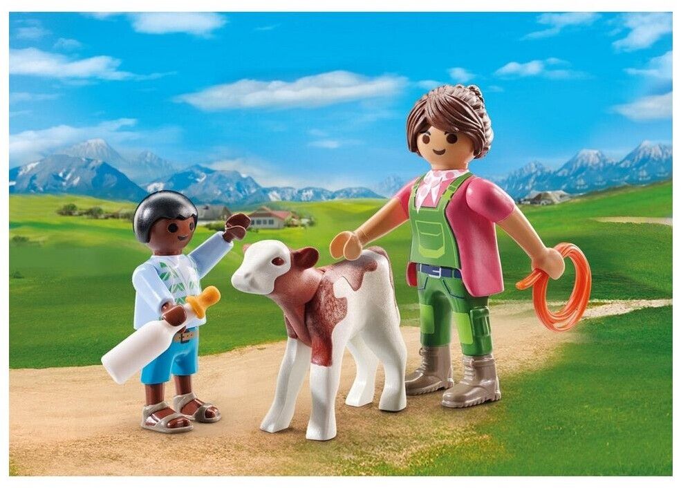 Playmobil Duo : Fermière avec enfant donnant le biberon à un veau Soft ...
