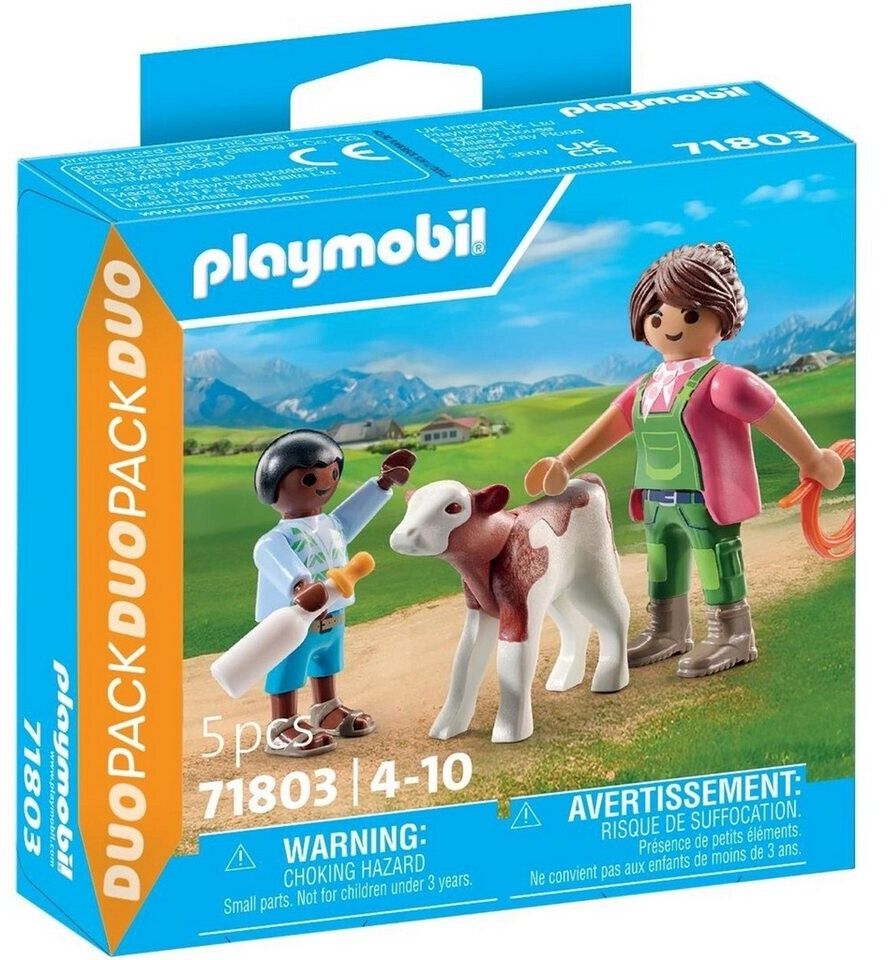 Playmobil Duo : Fermière avec enfant donnant le biberon à un veau Soft ...